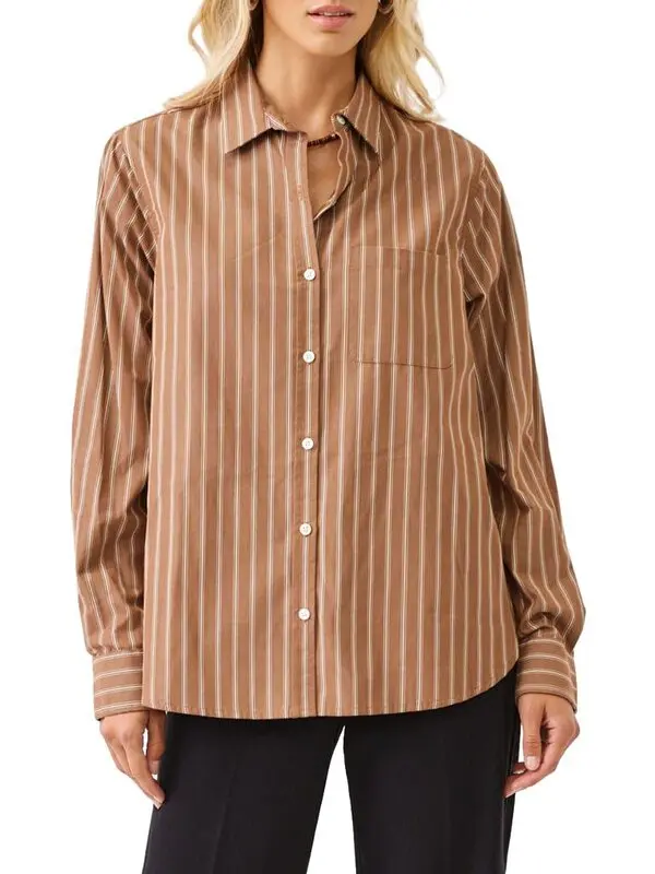 Karen Kane Striped Button-up Shirt - Mocha