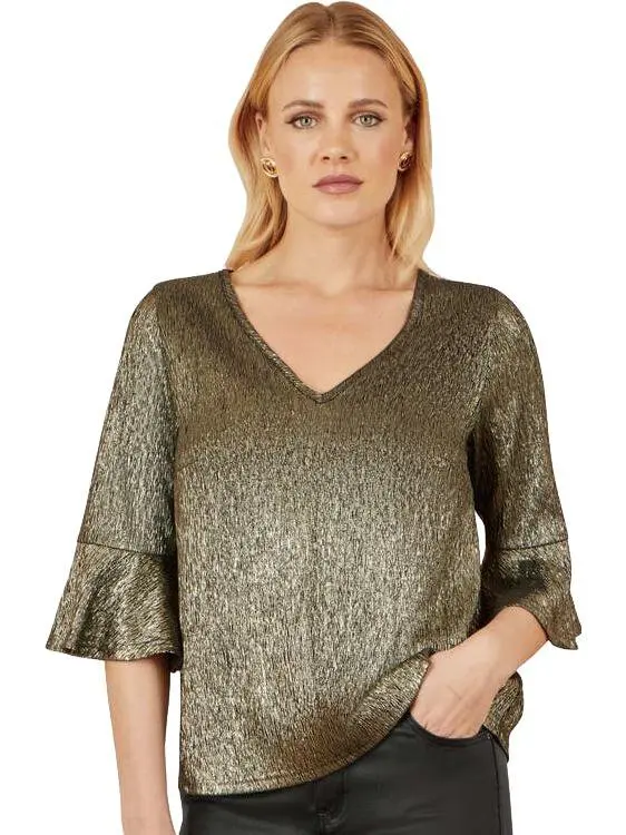 YUMI Fluted Sleeve Metallic Stretch Top - Gold