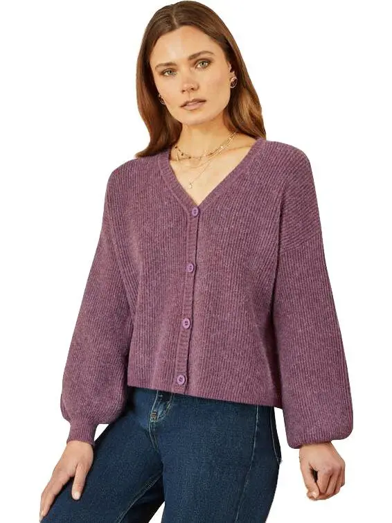 YUMI Marl Knit Cardigan With Balloon Sleeves - Purple