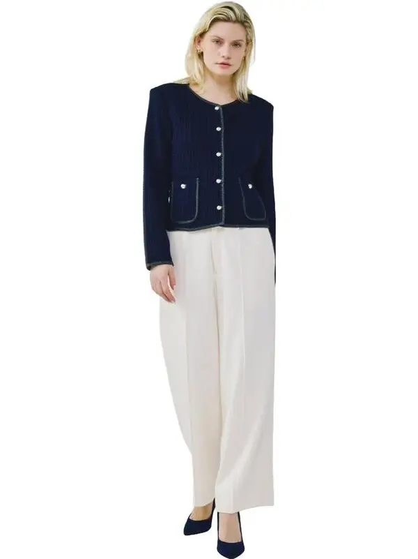 A.SHIMUS Lace Knit Cardigan With Tweed Lining And Metallic Accents - Navy