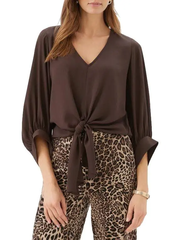 Karen Kane Blouson Sleeve Tie Front Top - Chocolate