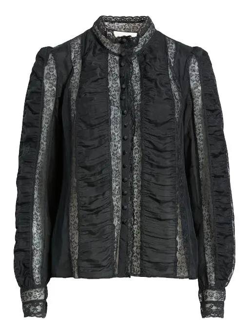 LoveShackFancy Jacque Lace Silk Paneled Button-up Shirt - Black