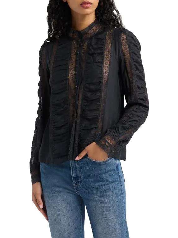 LoveShackFancy Jacque Lace Paneled Silk Button-up Shirt - Black