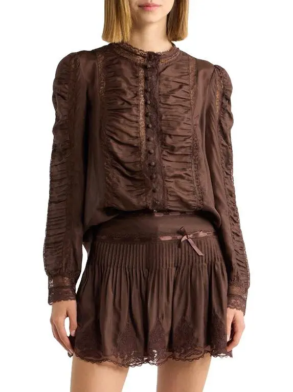 LoveShackFancy Jacque Lace Paneled Silk Button-up Shirt - Midnight Mocha
