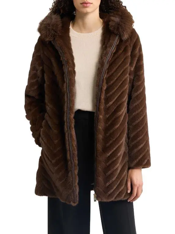 Via Spiga Faux Fur Hooded Coat - Chocolate