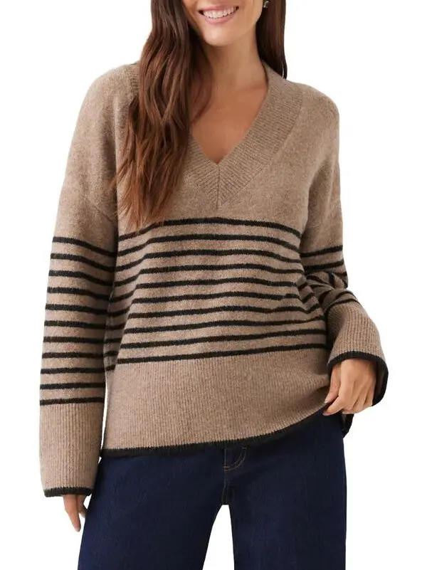 Karen Kane Stripe V-neck Sweater - Wheat/black
