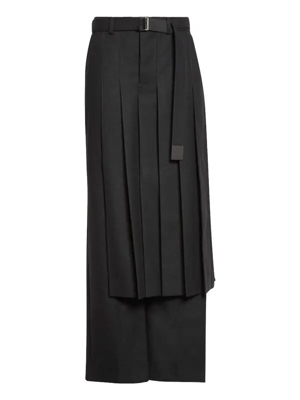 Sacai Pleated Overlay Wool Flannel Wide Leg Pants - Black