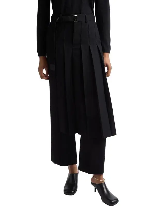 Sacai Pleated Overlay Wool Flannel Wide Leg Pants - Black
