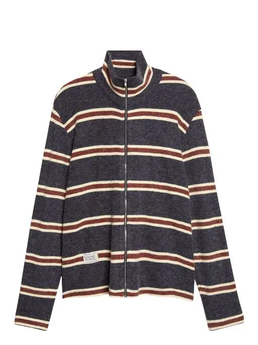 SONG FOR THE MUTE Striped Zip-up Funnel Neck Jacket - Navy