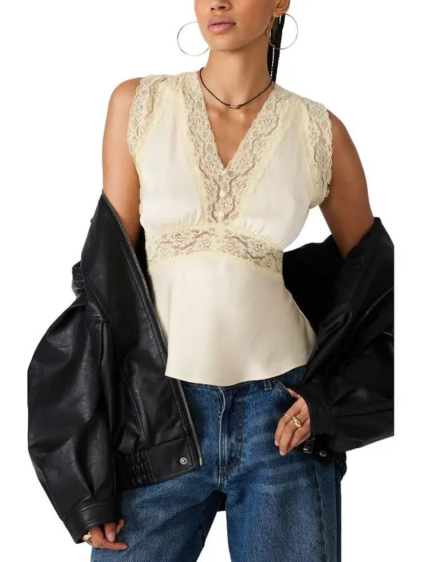 Steve Madden Elinor Lace Accent Sleeveless Peplum Top - Cream