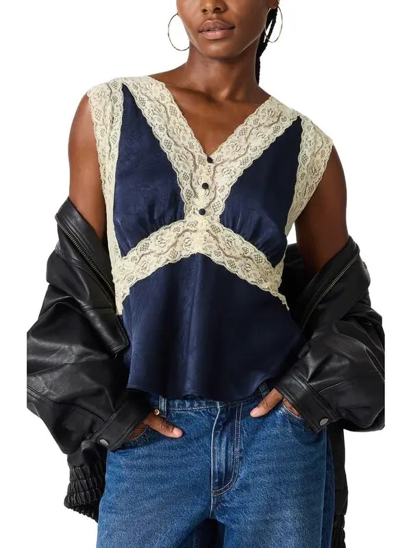 Steve Madden Elinor Lace Accent Sleeveless Peplum Top - Midnight