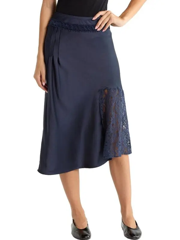 DAMSON MADDER Elea Satin And Lace Midi Skirt - Navy
