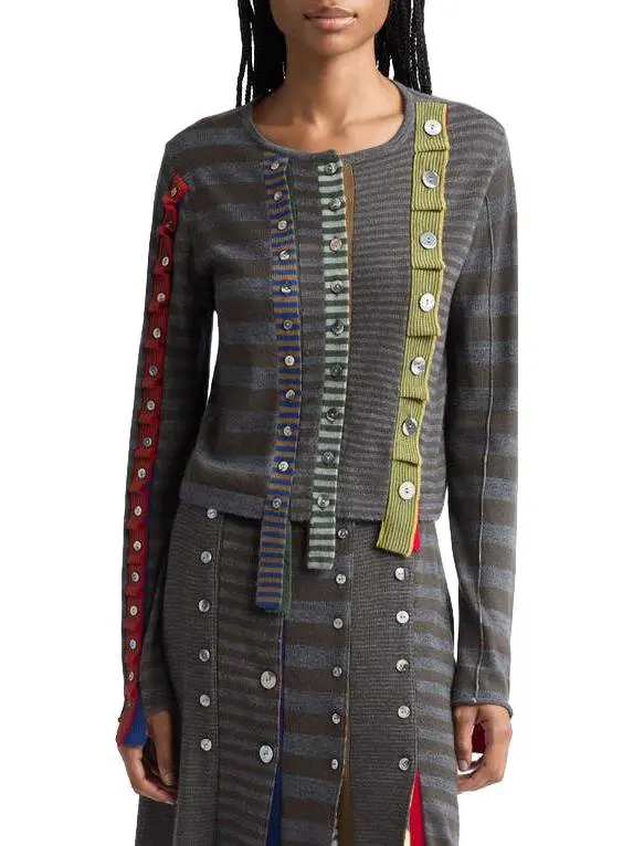 YANYAN Merino Wool Striped Cardigan - Grey Multi
