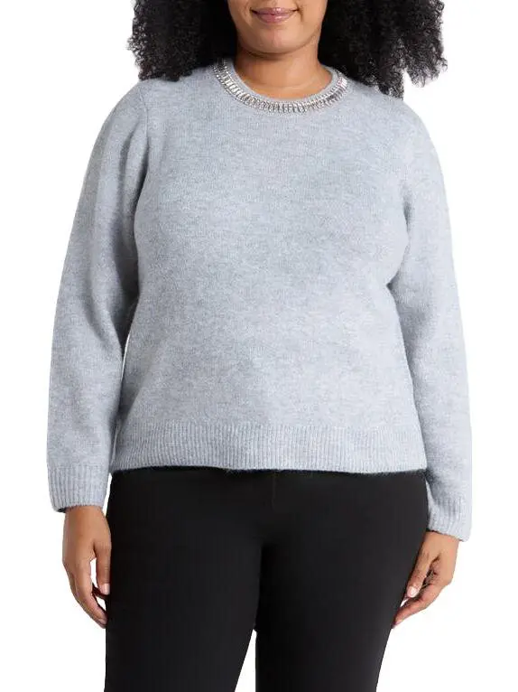 CECE DUPRAZ Embellished Neckline Pullover Sweater - Light Heather Grey