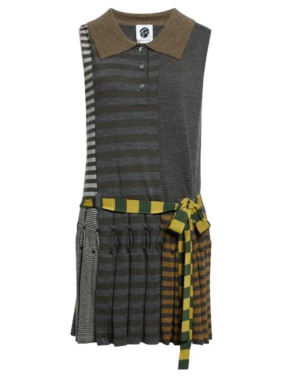 YANYAN Mismatch Sleeveless Polo Merino Wool Dress - Grey Multi