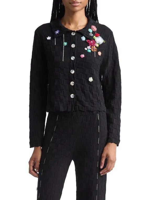 YANYAN Floral Appliqué Organic Cotton Shrunken Jacket - Black