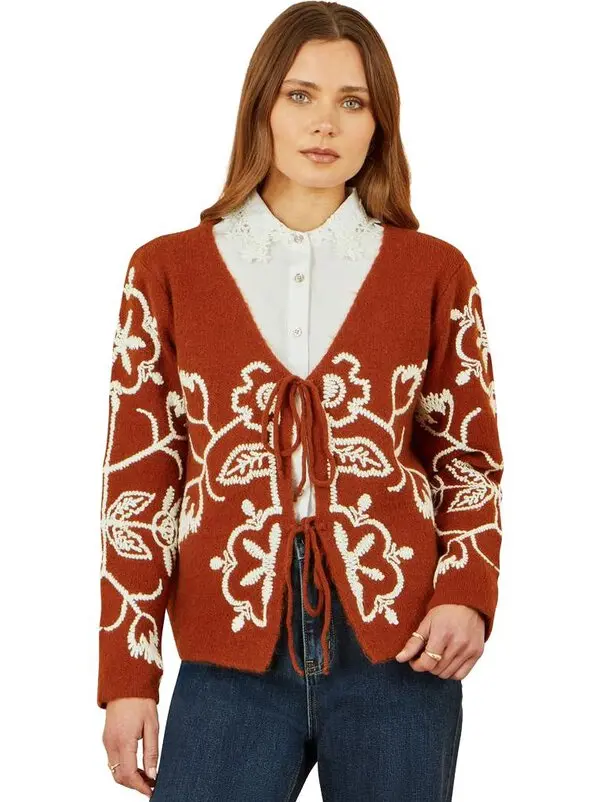 YUMI Folk Embroidered Tie Front Cardigan - Brown