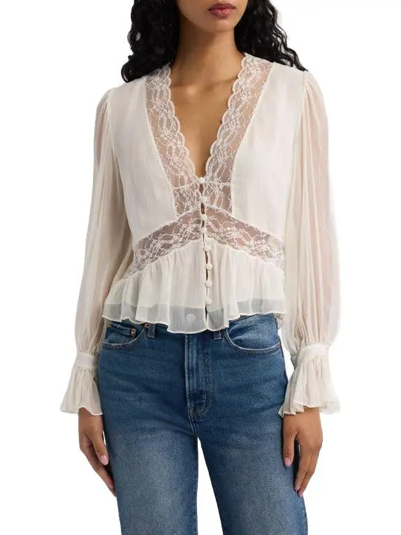 LoveShackFancy Thessira Lace Trim Ruffle Silk Blouse - Pale Stone