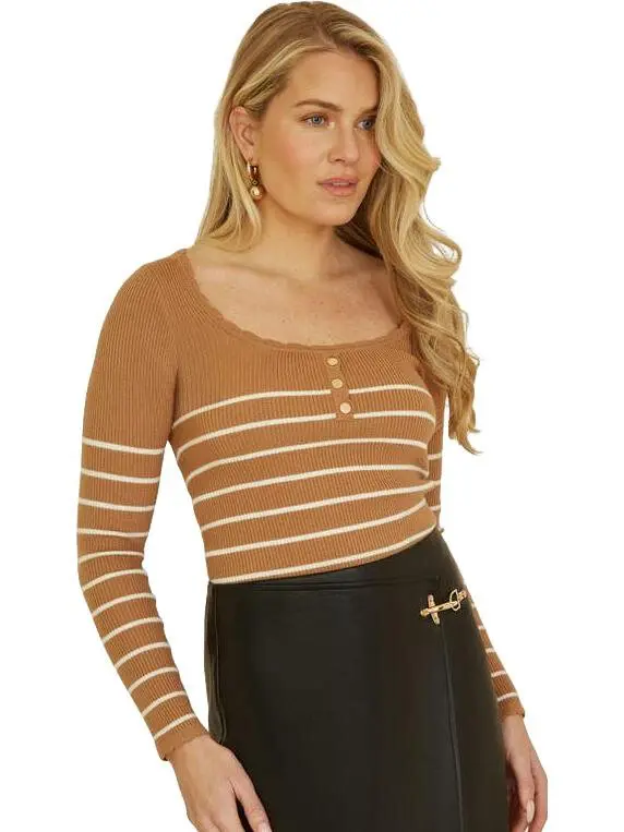 YUMI Button Detail Long Sleeve Rib Knit Top - Brown