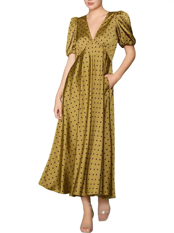 MELLODAY Polka Dot Satin Maxi Dress - Olive/brown