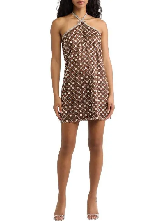 Saylor Cinna Embellished Halter Minidress - Chocolate