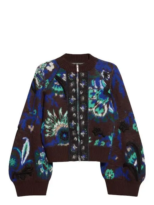 Sacai Floral Jacquard Balloon Sleeve Knit Blouson - Brown