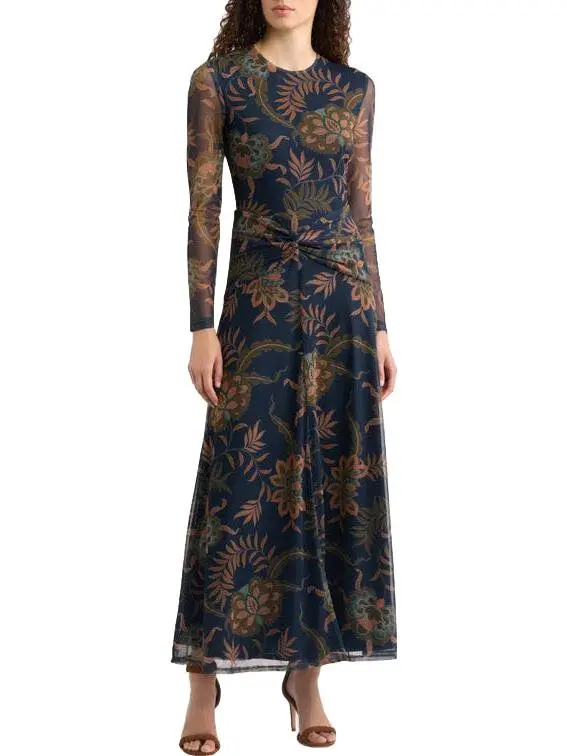 Julia Jordan Long Sleeve Floral Print Mesh Maxi Dress - Navy Multi