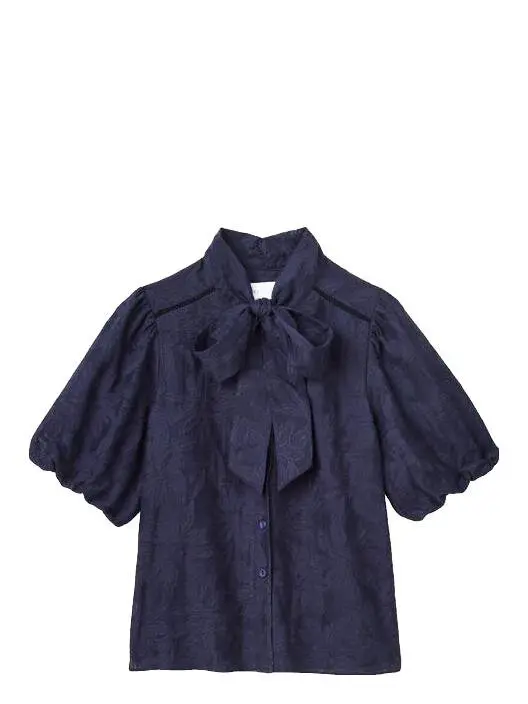 CARTOLINA Peggy Tie Neck Jacquard Blouse - Midnight Blue