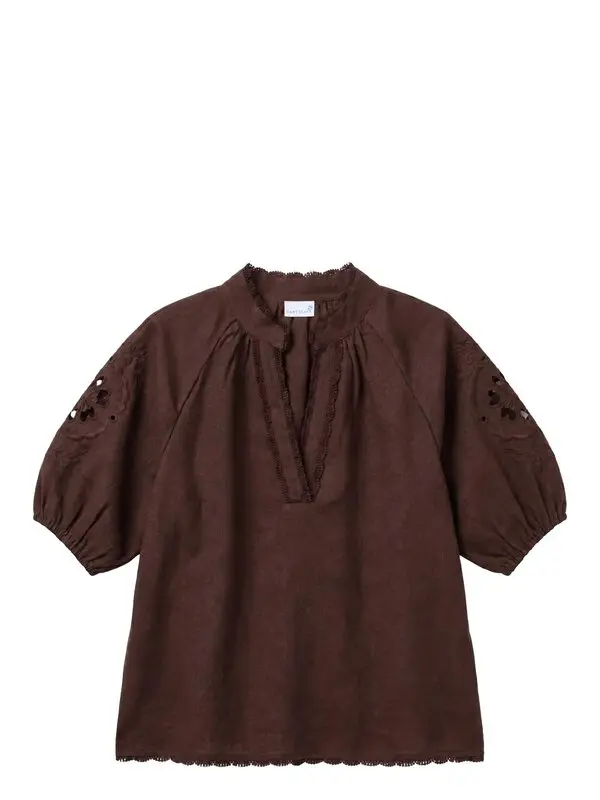 CARTOLINA Catalina Embroidered Linen Top - Cacao