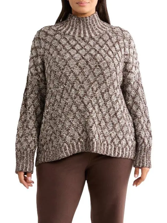 Eileen Fisher Diamond Cable Mock Neck Sweater - Coffee