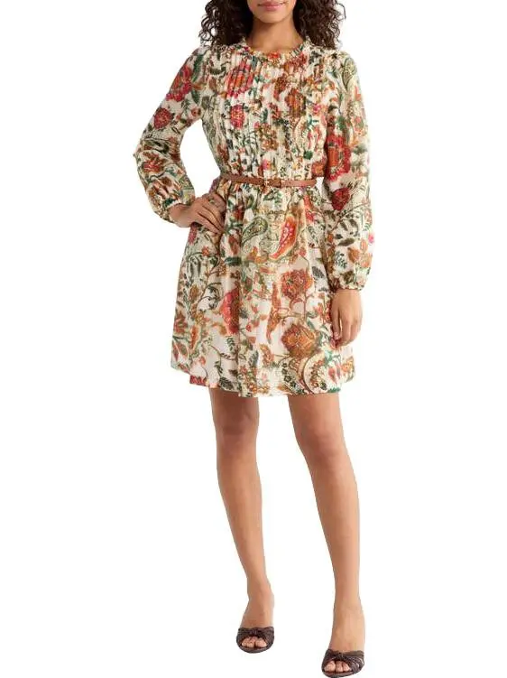 CECE DUPRAZ Long Sleeve Floral Print Dress With Ruffled Neckline And Belted Waist - Ivory Multi