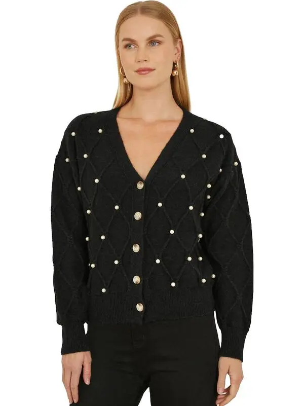 YUMI Beaded Cable Knit Cardigan - Black
