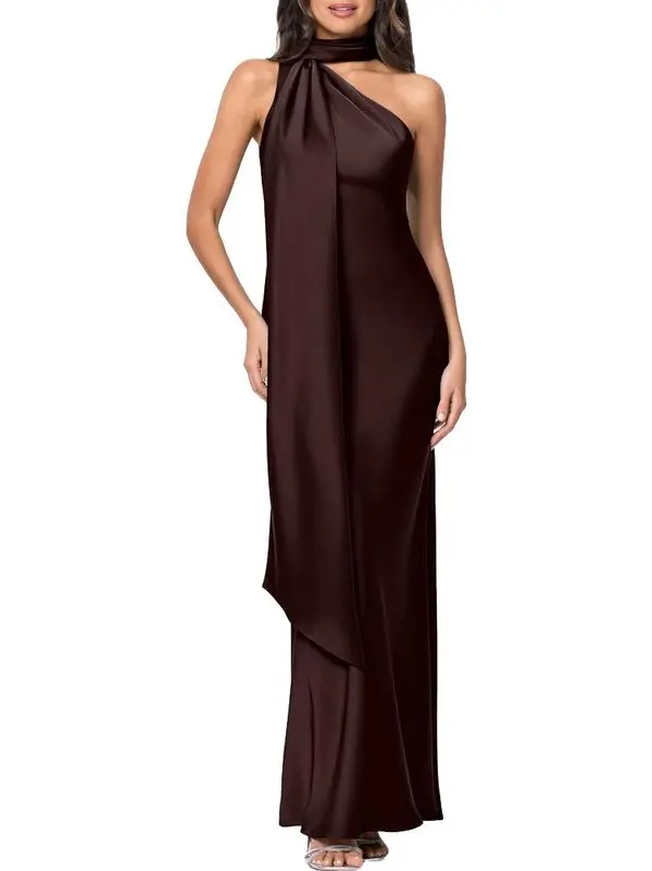 Betsy & Adam Asymmetric Tie Neck Satin Dress - Brown