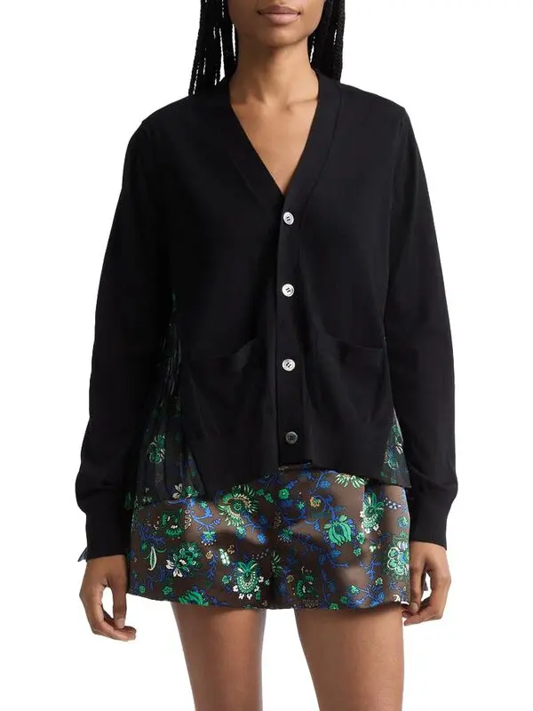 Sacai Floral Print Wool Blend Cardigan - Black/brown Multi