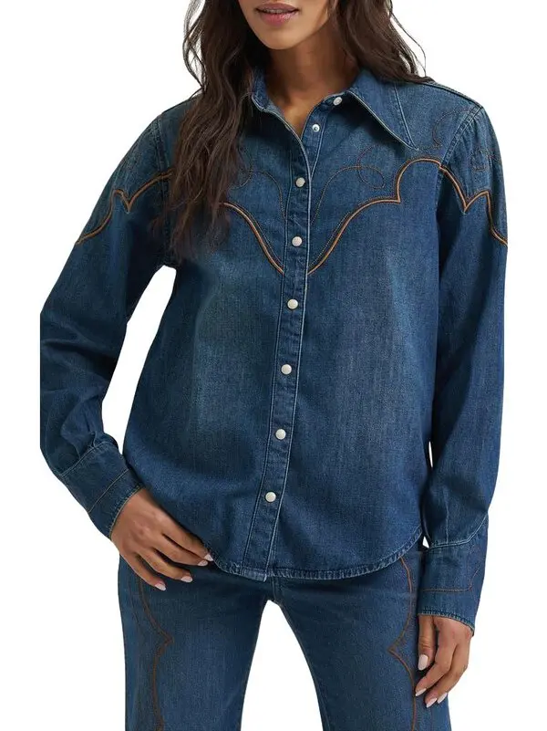 Wrangler Dramatic Collar Western Embroidered Denim Shirt - Saloon Shadow