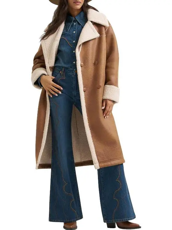 Wrangler Faux Leather Coat With Faux Shearling Trim - Medium Brown