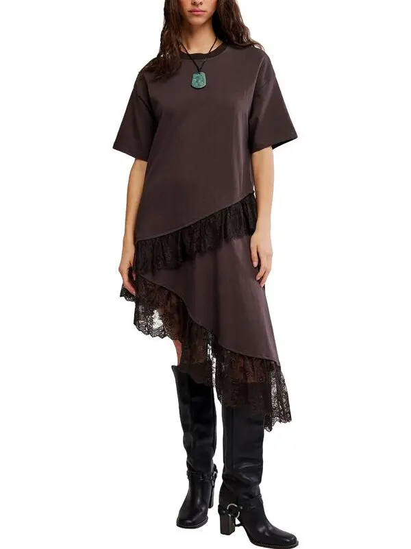 Free People Frosted Lace Layered T-shirt Dress - Deep Fudge