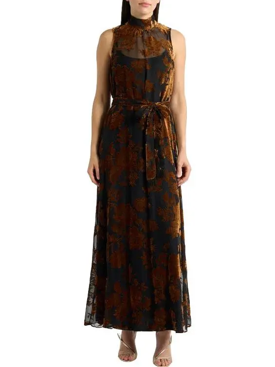 Julia Jordan Velvet Burnout Sleeveless Maxi Dress - Black Multi