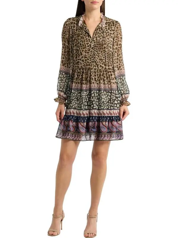 Julia Jordan Mixed Print Long Sleeve Tiered Dress - Brown Multi