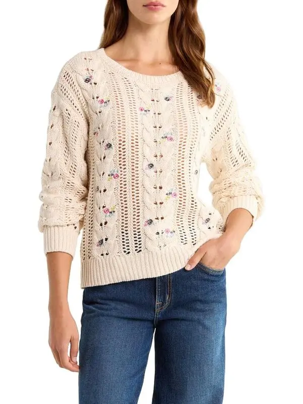 Lucky Brand Floral Embroidered Cotton Blend Sweater - Whitecap Gray