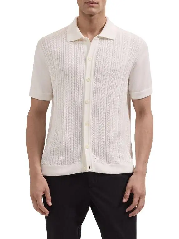 Bugatchi Short Sleeve Cable Knit Button-up Sweater - Chalk