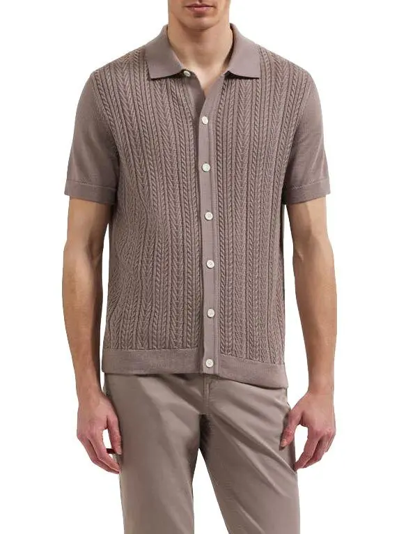 Bugatchi Short Sleeve Cable Knit Button-up Sweater - Walnut