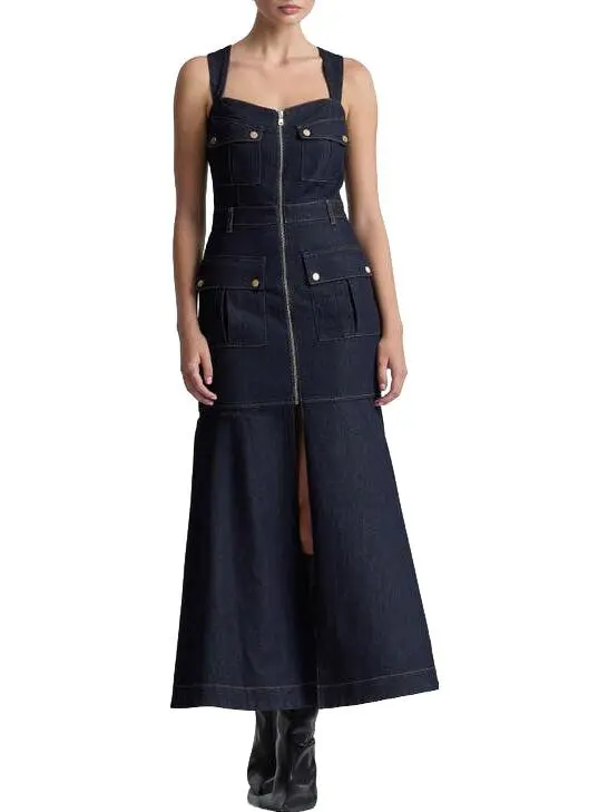 Avec Les Filles Denim Cargo Fit & Flare Maxi Dress - Dark Rinse