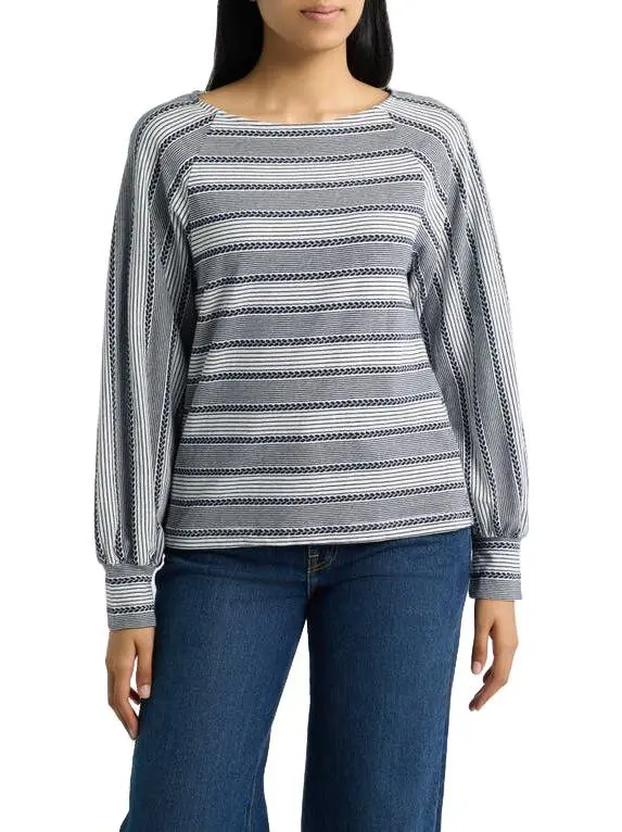 Bobeau Raglan Stripe Knit Top - Ivory/dk Navy