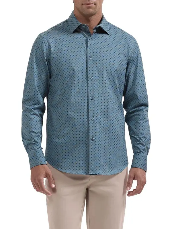 Bugatchi James Ooohcotton Print Long Sleeve Performance Button Up Shirt - Peacock
