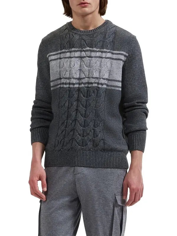 Bugatchi Cable Knit Wool & Cotton Sweater With Striped Chest - Anthracite