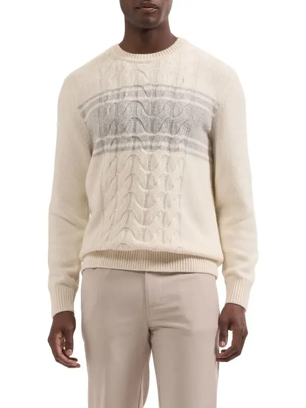 Bugatchi Cable Knit Wool & Cotton Sweater With Striped Chest - Ivory