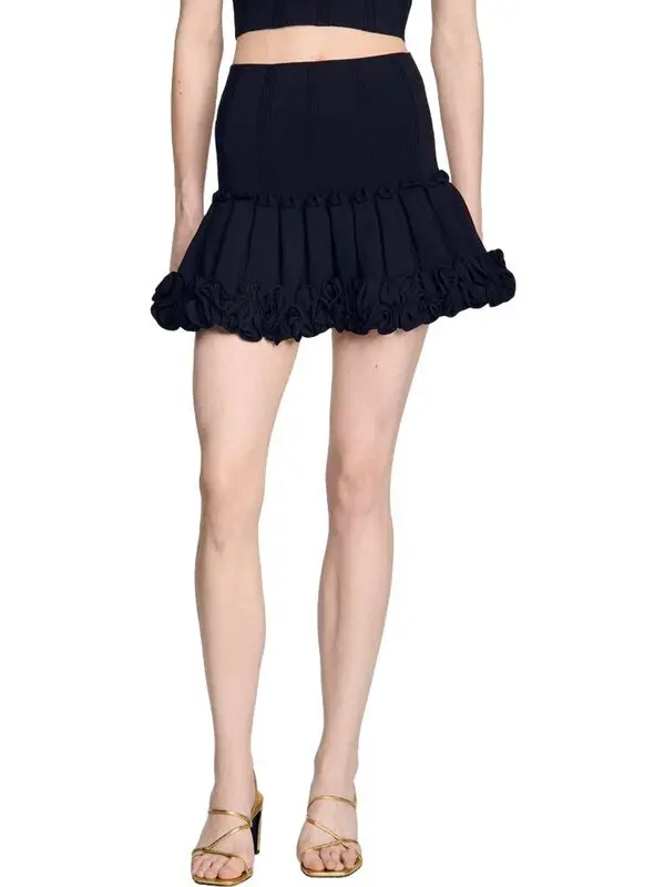 Sandro Short Ribbed Knit Flared Skirt With Flower Embellishments - Black