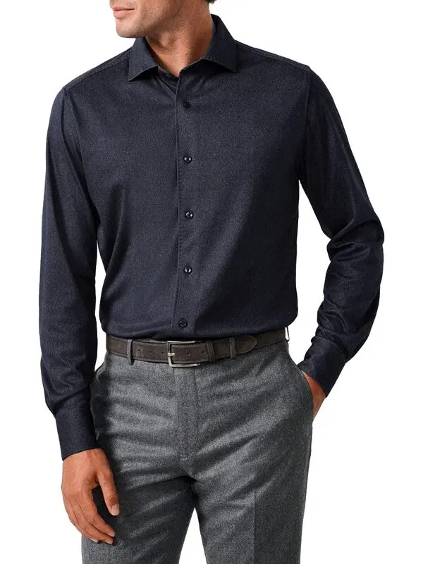 David Donahue Solid Texture Knit Sport Shirt - Navy