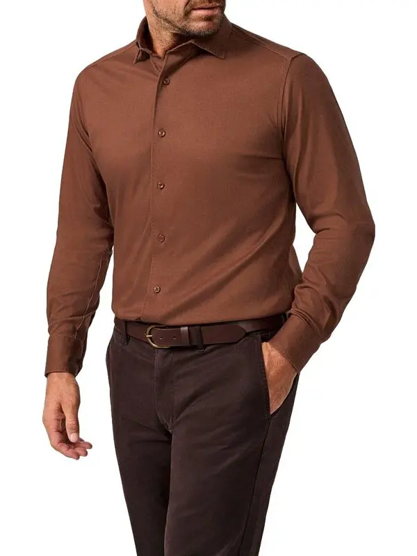 David Donahue Solid Long Sleeve Pima Cotton Button Up Shirt - Rust